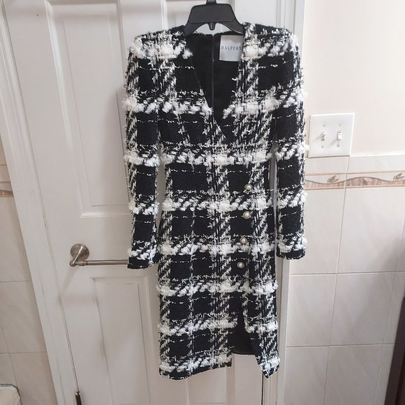 halpern | Dresses | Halpern Wrap Black White Pearl Button Metallic ...